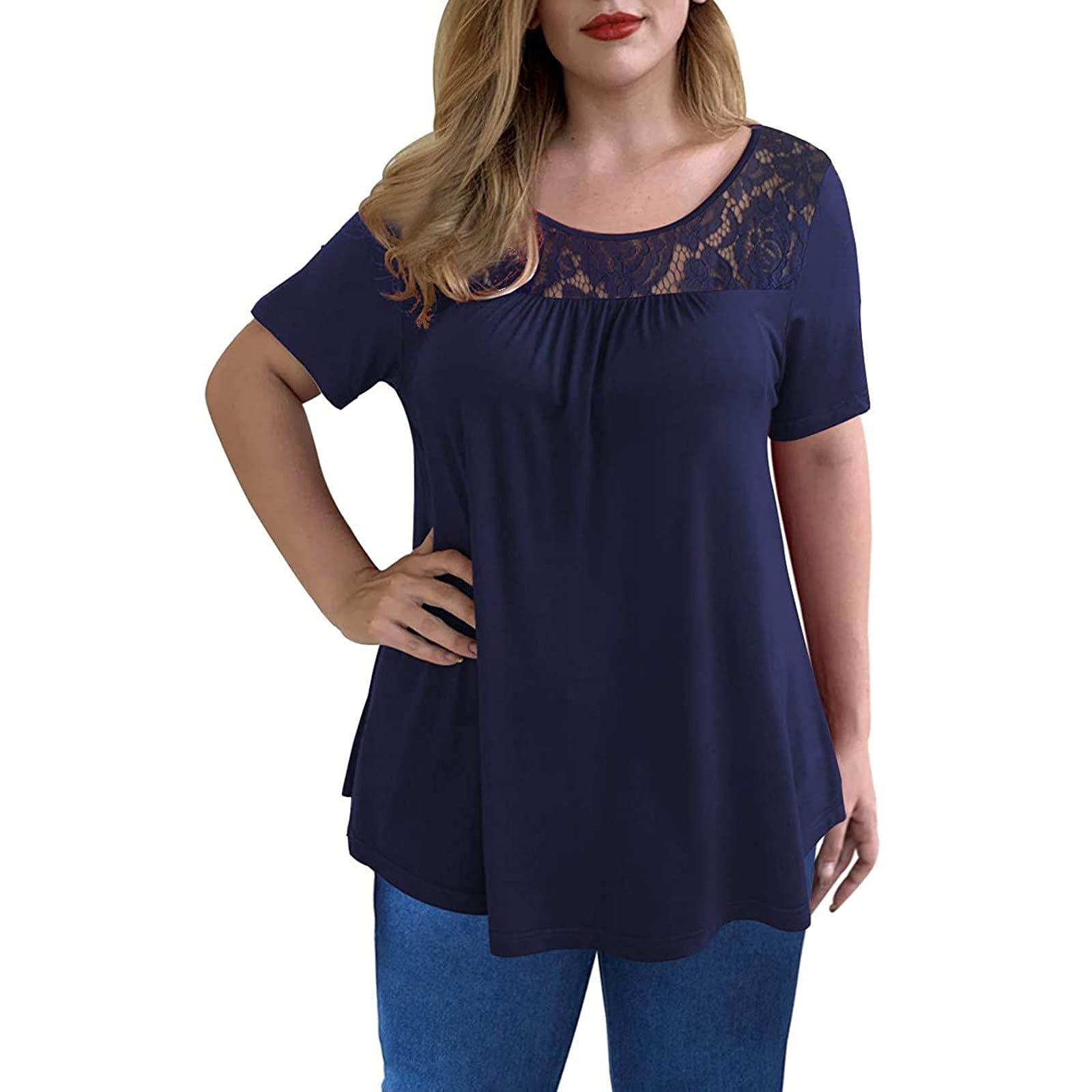 Womens Plus Size Lace Pachwork Short Sleeve O-Neck Casual Tops Blouse T Shirt(Navy, XXXL)