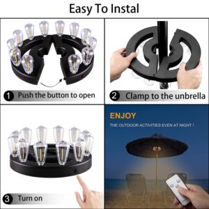 Umbrella Lights, Patio Umbrella Lights Battery Operated with Remote Control, Outdoor Umbrella Pole Light with 12 Warm White 3 Brightness Modes ST38 LED Bulbs, for Backyard Umbrella or Camping