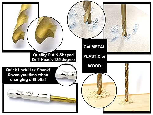 VETCO Titanium Nitride Drill Bit Set - 13 Pieces Hex Shank Quick Change Speed Lock Wood Plastic Aluminum