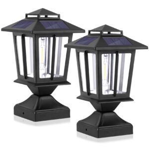 metal solar post lights outdoor, waterproof fence post lights solar powered, wood 4x4 solar post cap lights, solar deck post lights decorations patio porch railing, 2 pack (5.5x5.5x9.8 inch)