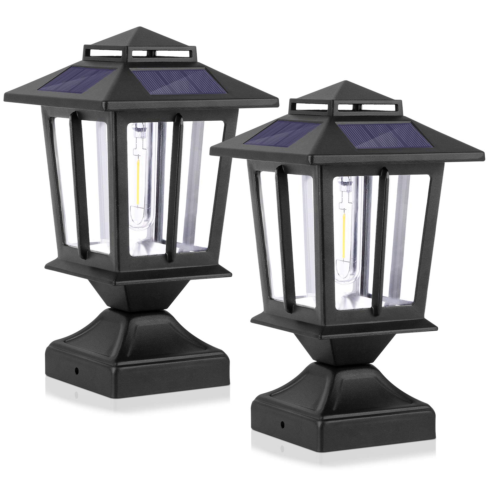 Metal Solar Post Lights Outdoor, Waterproof Fence Post Lights Solar Powered, Wood 4X4 Solar Post Cap Lights, Solar Deck Post Lights Decorations Patio Porch Railing, 2 Pack (5.5x5.5x9.8 inch)