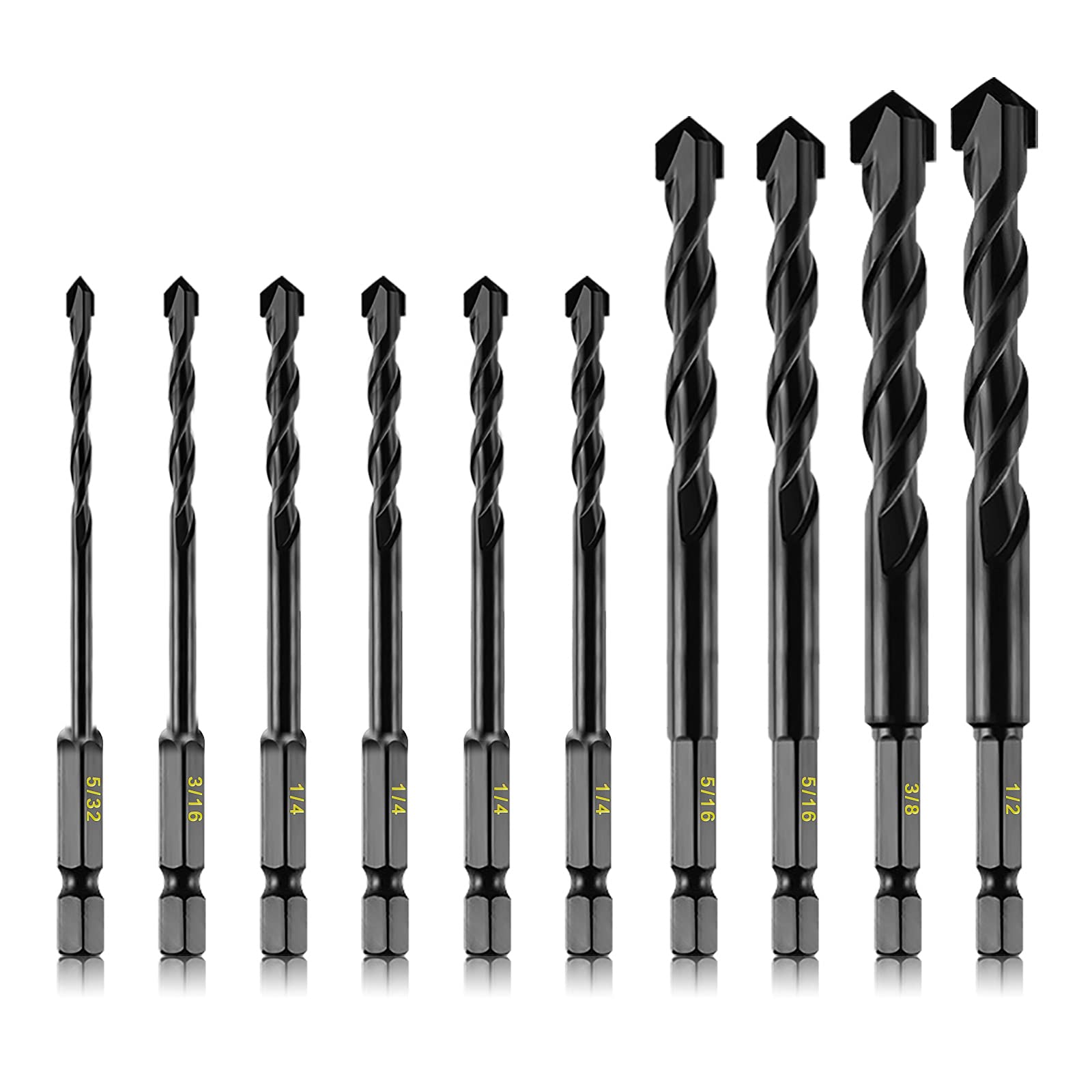 10-Piece Masonry Drill Bits Kit for Concrete, Stone, Carbide Drill Bit Set for Glass, Brick, Tile, Plastic, Ceramic and Wood Size 5/32 to 1/2 inch