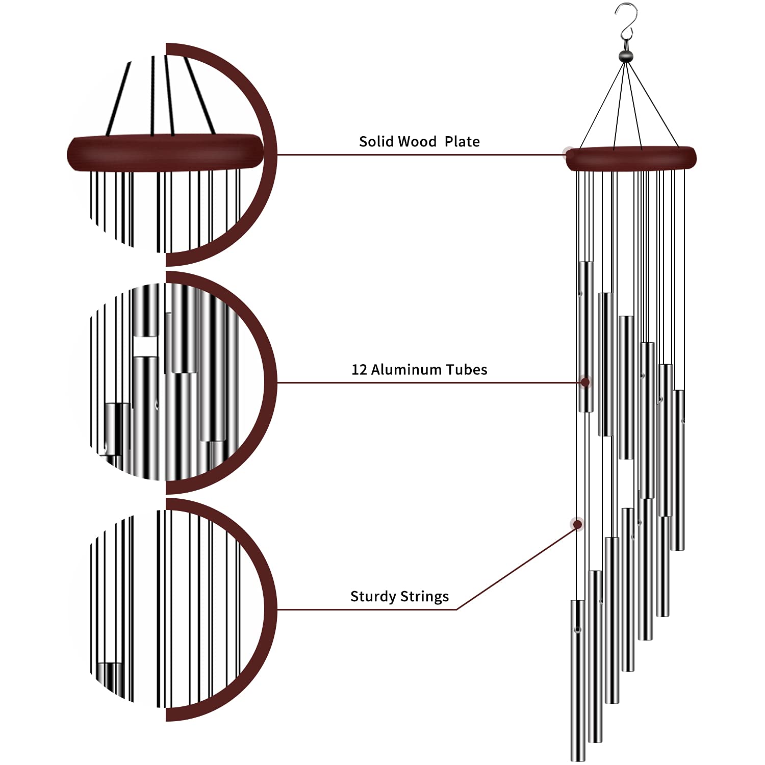 Wind Chimes for Outside, Sympathy Wind Chimes Outdoor Clearance with 12 Aluminum Alloy Tubes and Hook, Memorial Wind Chimes Gift Decoration for Home, Patio, Garden, Outdoor