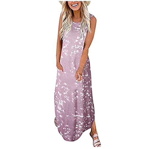 Sdeycui Women Fashion Porket O-Neck Gradient Printing Sleeveless Casual Slit Long Dress(Pink, M)