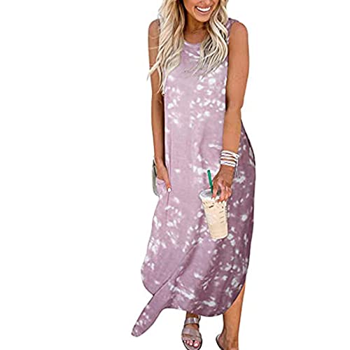 Sdeycui Women Fashion Porket O-Neck Gradient Printing Sleeveless Casual Slit Long Dress(Pink, M)