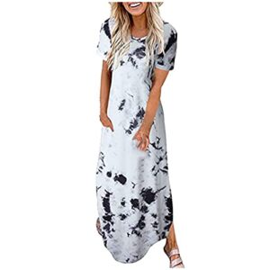 sdeycui women fashion o-neck gradient printing short sleeve casual slit long dresses(black, xxl)