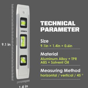 URASISTO 9 Inch Magnetic Box Level Torpedo Level with 45°/90°/180° Bubbles, Small Measuring Tool