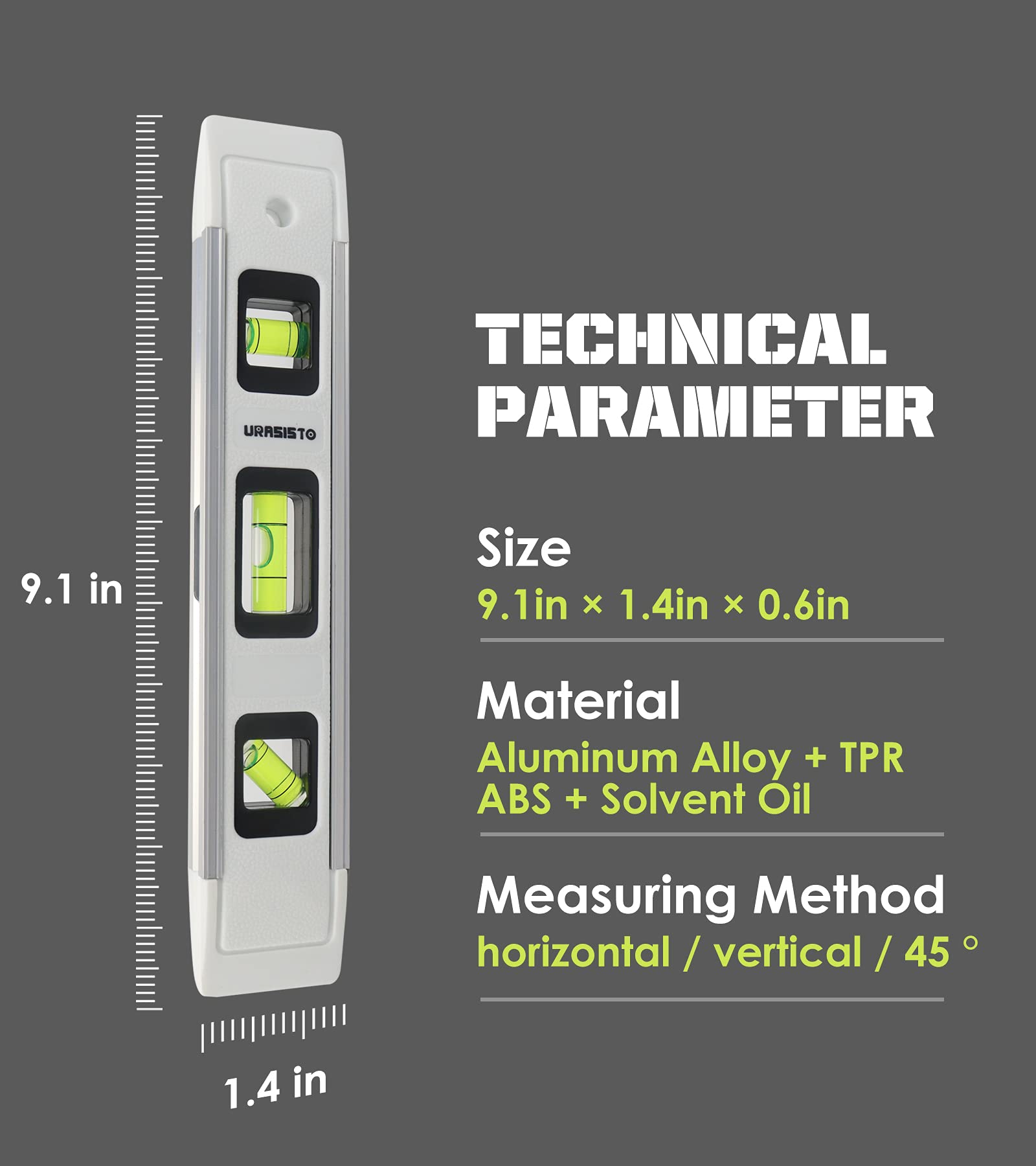 URASISTO 9 Inch Magnetic Box Level Torpedo Level with 45°/90°/180° Bubbles, Small Measuring Tool