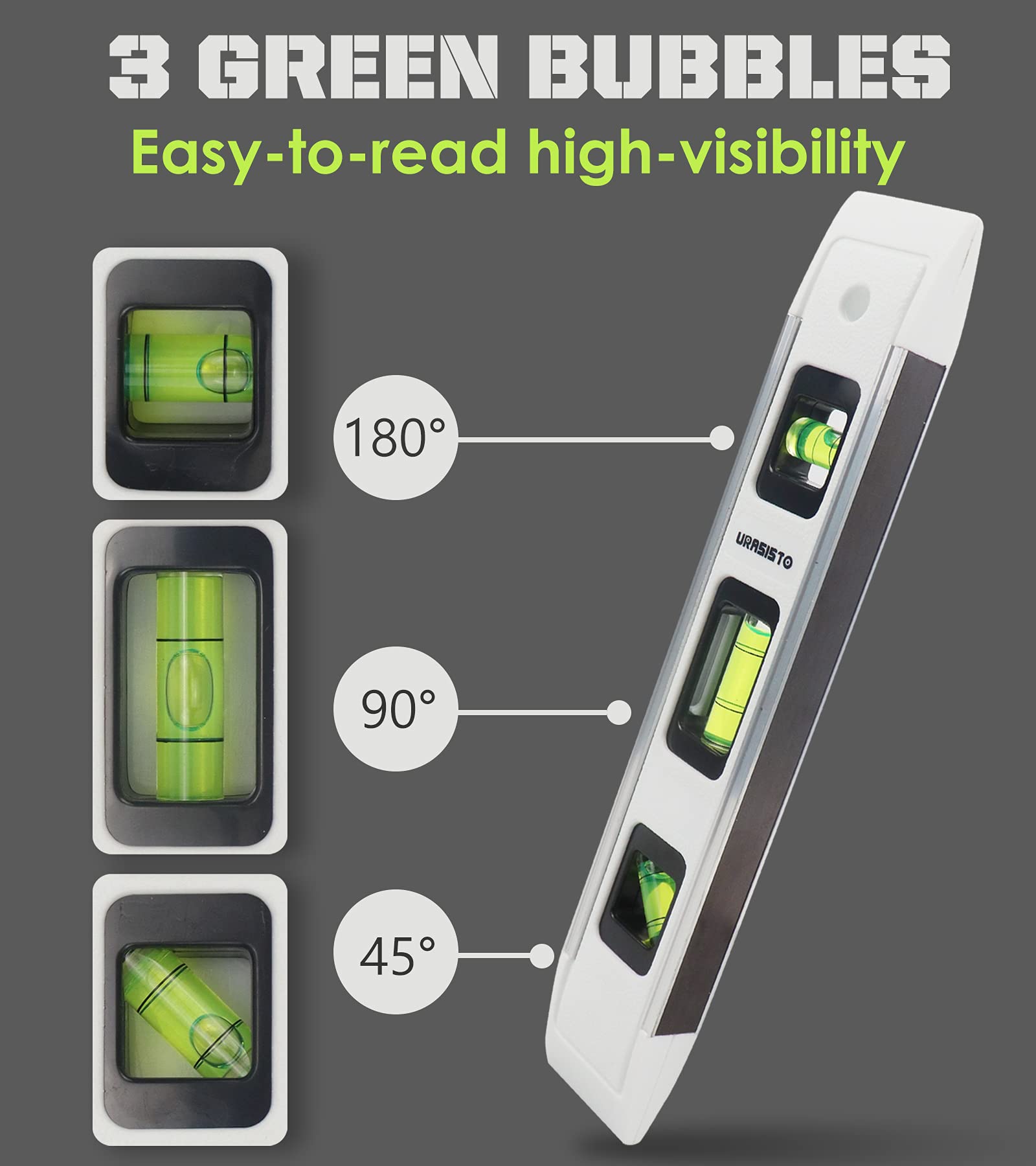 URASISTO 9 Inch Magnetic Box Level Torpedo Level with 45°/90°/180° Bubbles, Small Measuring Tool