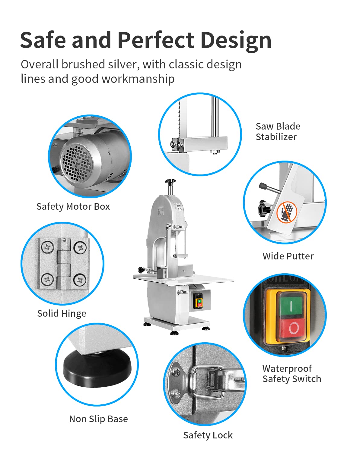 1500W Electric Bone Saw Machine, 0.8-5.9 Inch Cutting Thickness,2.6HP Frozen Meat Cutter 110V Commercial Bandsaw Machine, 20x15in Table Sawing for Chicken Fish Trotter Beef, Equipped with 6 Saw Blades