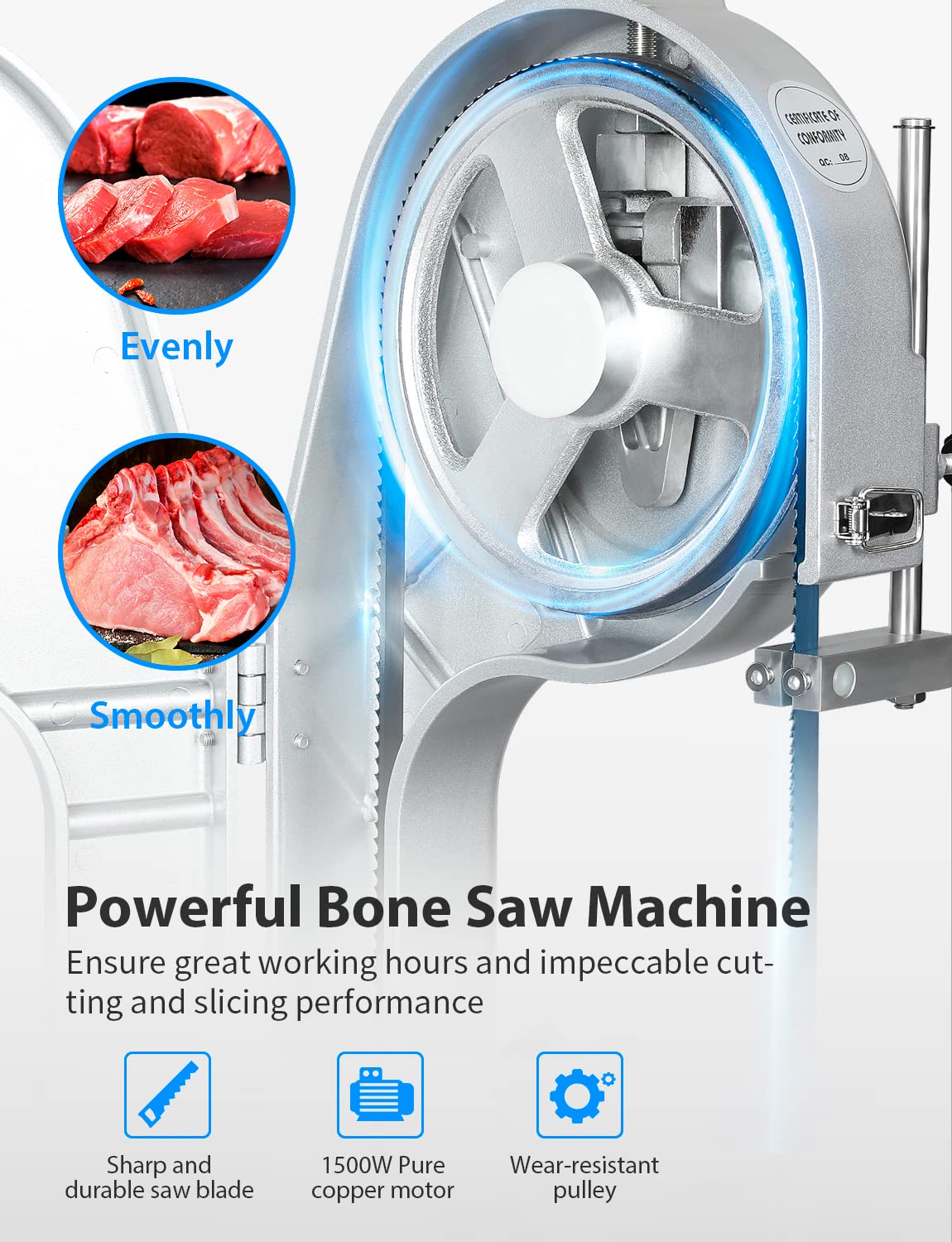 1500W Electric Bone Saw Machine, 0.8-5.9 Inch Cutting Thickness,2.6HP Frozen Meat Cutter 110V Commercial Bandsaw Machine, 20x15in Table Sawing for Chicken Fish Trotter Beef, Equipped with 6 Saw Blades