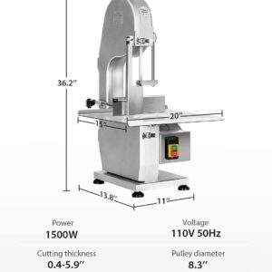 1500W Electric Bone Saw Machine, 0.8-5.9 Inch Cutting Thickness,2.6HP Frozen Meat Cutter 110V Commercial Bandsaw Machine, 20x15in Table Sawing for Chicken Fish Trotter Beef, Equipped with 6 Saw Blades