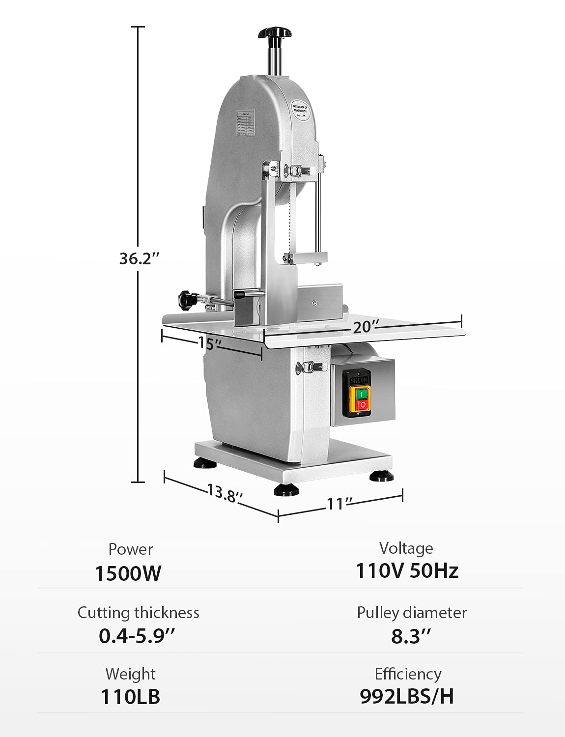 1500W Electric Bone Saw Machine, 0.8-5.9 Inch Cutting Thickness,2.6HP Frozen Meat Cutter 110V Commercial Bandsaw Machine, 20x15in Table Sawing for Chicken Fish Trotter Beef, Equipped with 6 Saw Blades