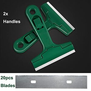 2pack 5.5 inches Industry Glass Scraper Scraping Hand Tool, T Shape Razor Blade Scraper with 20x Blades, Steel Scraping Knife for Window Stove Windshield Aquarium Tile Floor Wall Cleaning (Green)