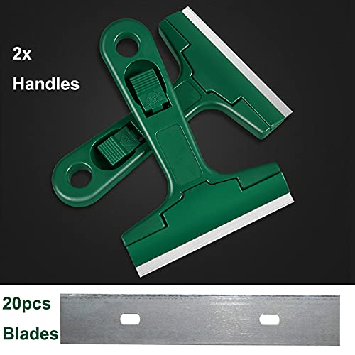 2pack 5.5 inches Industry Glass Scraper Scraping Hand Tool, T Shape Razor Blade Scraper with 20x Blades, Steel Scraping Knife for Window Stove Windshield Aquarium Tile Floor Wall Cleaning (Green)