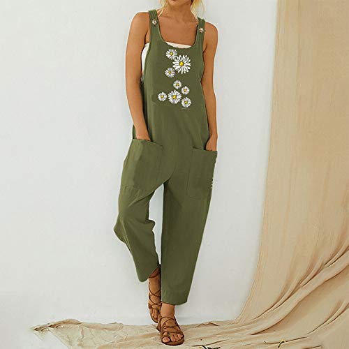 Sdeycui Womens Summer Ethnic Print Loose Overalls Wide Long Leg Jumpsuit Pockets(Green, M)