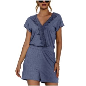 women's casual sexy v-neck short pants lace loose jumpsuit(blue, xxl)