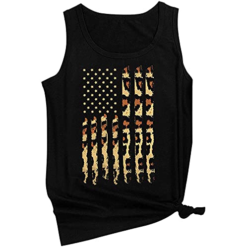 wodceeke Women's American Flag Print Tank Tops Sleeveless Loose T-shirt Independence Day Blouse Tops (Black, M)