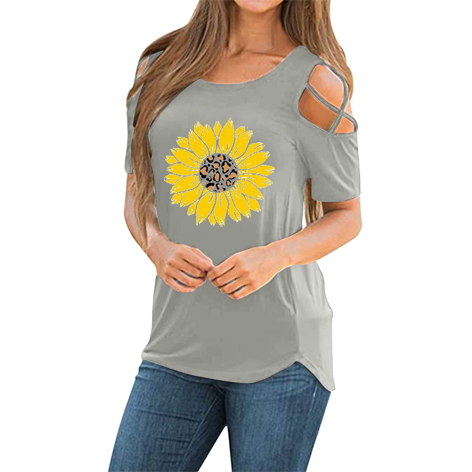 wodceeke Women tops Sunflower Print T-Shirt Off-Shoulder Short-Sleeved Blouse Summer Casual Loose Tee Tops (Gray, L)