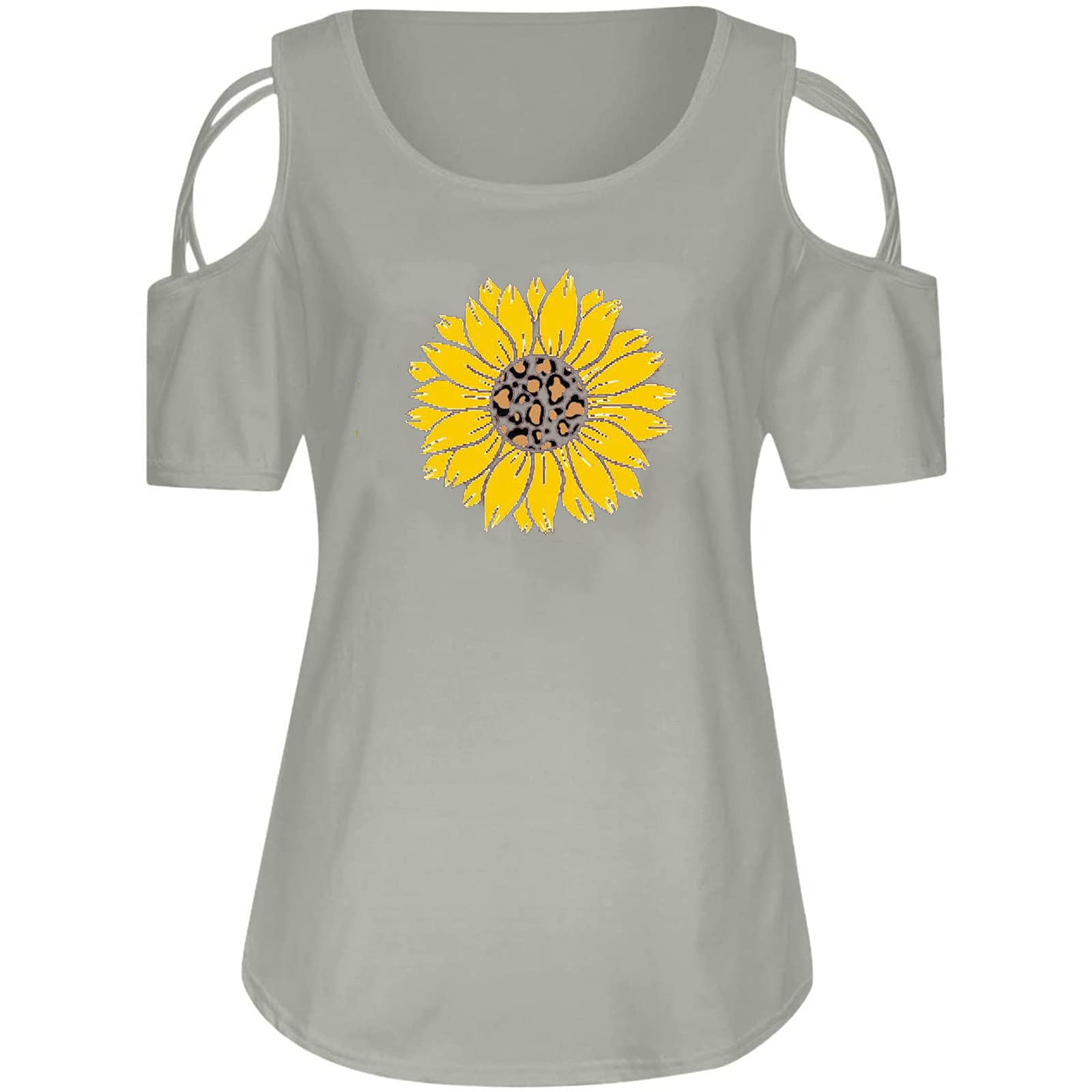 wodceeke Women tops Sunflower Print T-Shirt Off-Shoulder Short-Sleeved Blouse Summer Casual Loose Tee Tops (Gray, L)