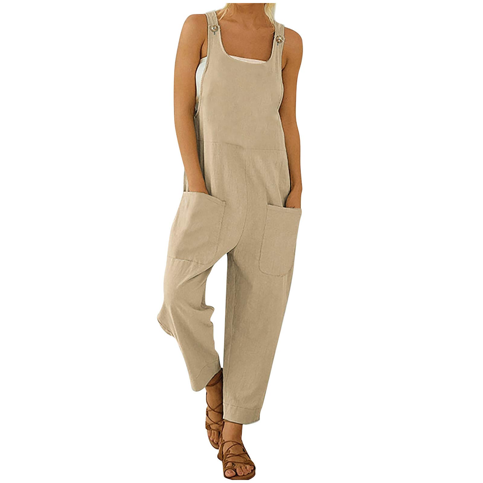 Sdeycui Womens Fashion Ethnic Style Solid Wide Leg Overalls Jumpsuit Pockets Long Pants(Beige, XXL)