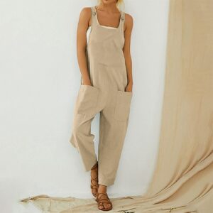 Sdeycui Womens Fashion Ethnic Style Solid Wide Leg Overalls Jumpsuit Pockets Long Pants(Beige, XXL)