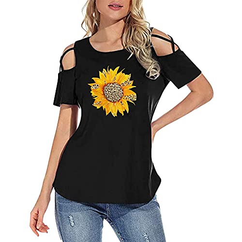 wodceeke Womens Sunflower Print T-Shirt Off-Shoulder Short-Sleeved Blouse Summer Casual Loose Tee Tops (Black, L)