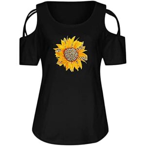 wodceeke Womens Sunflower Print T-Shirt Off-Shoulder Short-Sleeved Blouse Summer Casual Loose Tee Tops (Black, L)