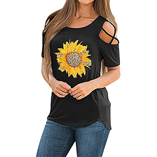 wodceeke Womens Sunflower Print T-Shirt Off-Shoulder Short-Sleeved Blouse Summer Casual Loose Tee Tops (Black, L)