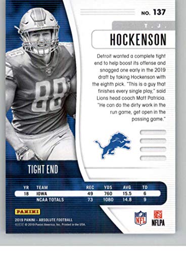 2019 Absolute Football #137 T.J. Hockenson RC Rookie Card Detroit Lions Official NFL Trading Card From Panini America in Raw (NM or Better) Condition