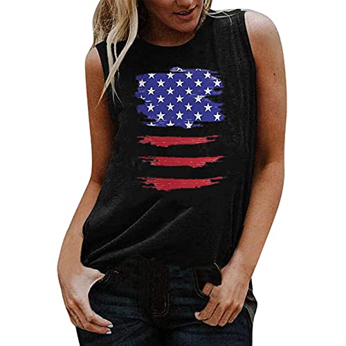 wodceeke American Flag Print Tank Tops For Women Sleeveless Loose T-shirt Independence Day Blouse Tops (Black, S)