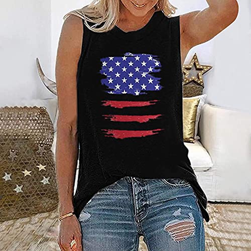 wodceeke American Flag Print Tank Tops For Women Sleeveless Loose T-shirt Independence Day Blouse Tops (Black, S)