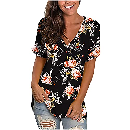 wodceeke Women's Top Short-Sleeved V-Neck Floral T-Shirt Casual Loose Summer Tee Sports Blouse Top (Pink, M)