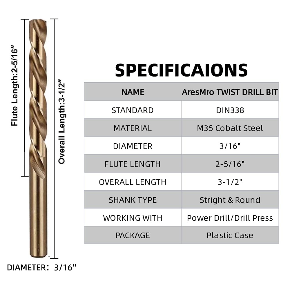 AresMro Cobalt Drill Bit Set- 3/16''(10PCS) M35 High Speed Steel, Twist Jobber Length for Metal, Cast Iron and Wood Plastic with Metal Indexed Storage Case