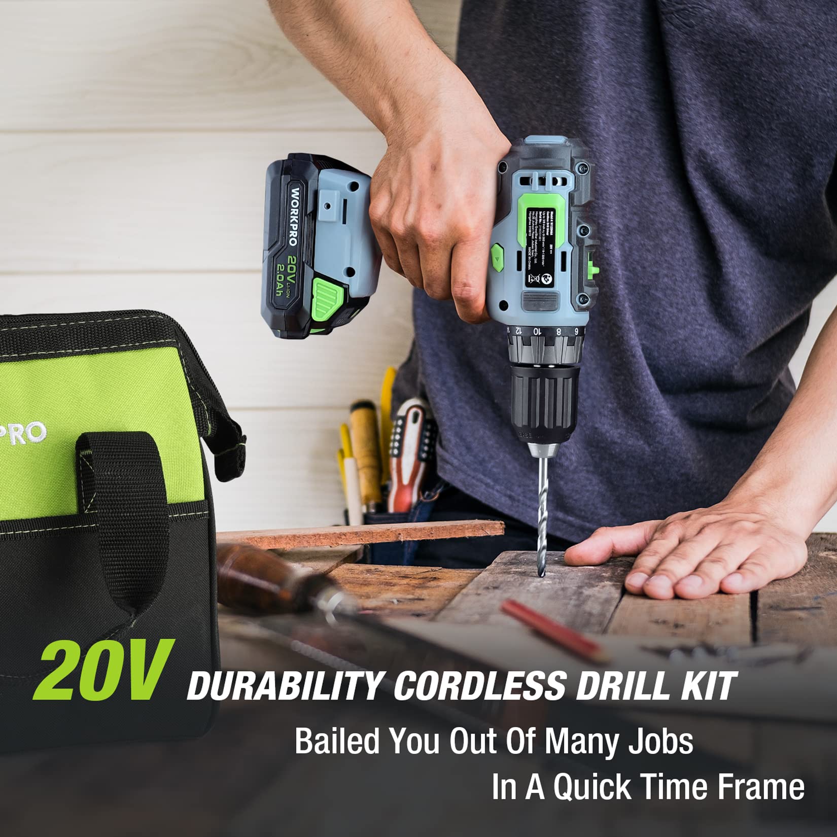 WORKPRO 20V Cordless Drill Driver Kit, 3/8'' Keyless Chuck, 2.0 Ah Li-ion Battery, 1 Hour Fast Charger and 11-inch Green Storage Bag Included