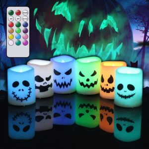 genswin halloween flameless votive candles color changing with remote timer, battery operated led tealight candles for halloween home decoration gifts(6 pack, 1.5” x 2”)(battery included)