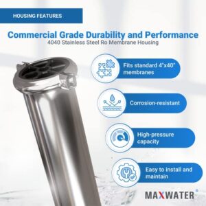 Max Water - Stainless Steel, Heavy Duty - Reverse Osmosis 4040 Membrane Housing - 4" x 40" good for industrial use - 4040 housing