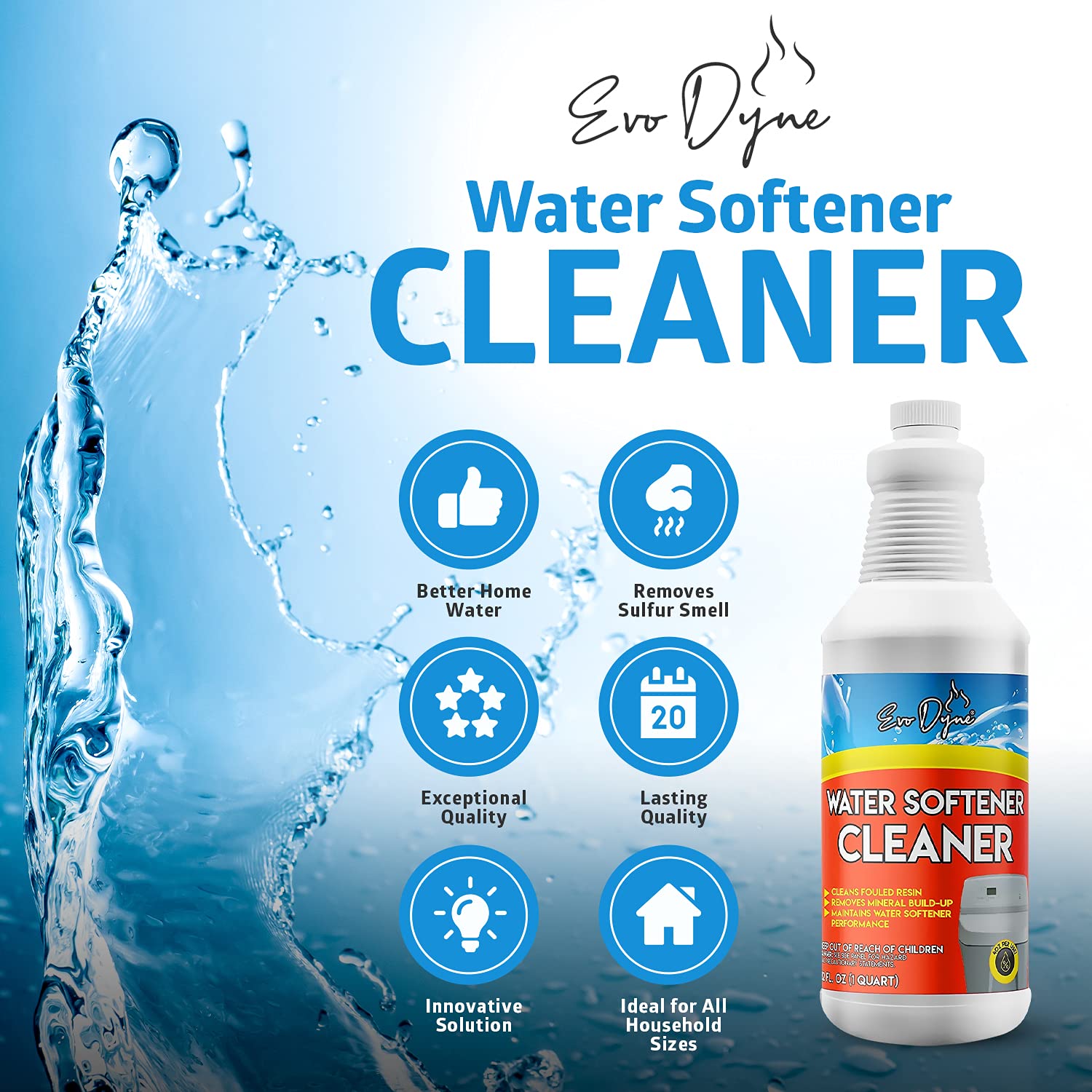 Evo Dyne Water Softener Cleaner (32oz), Made in USA - Restores Softener Efficiency | Cleanser for Softeners | Removes Contaminants & Extends Water Softener Life (32-ounces)