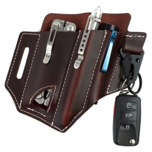 atqana multitool sheath for belt (premium leather) - edc pocket organizer | leatherman holster | handmade leather multitool pouch with pen holder, flashlight sheath and key fob clip (extra dark brown)