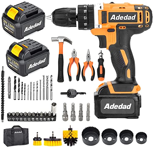 Adedad 20V Cordless Drill Set Electric Power Drill Kit with 2 Batteries and Charger,300 in-lbs Torque, 3/8 Inch Keyless Chuck, 23+1 Position,2 Variable Speed, LED Light and 48pcs Accessories