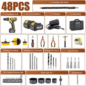 Adedad 20V Cordless Drill Set Electric Power Drill Kit with 2 Batteries and Charger,300 in-lbs Torque, 3/8 Inch Keyless Chuck, 23+1 Position,2 Variable Speed, LED Light and 48pcs Accessories