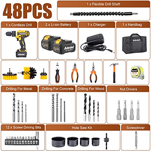 Adedad 20V Cordless Drill Set Electric Power Drill Kit with 2 Batteries and Charger,300 in-lbs Torque, 3/8 Inch Keyless Chuck, 23+1 Position,2 Variable Speed, LED Light and 48pcs Accessories