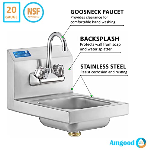 12" x 16" Stainless Steel Hand Sink | Commercial Wall Mount Hand Basin with Gooseneck Faucet, Strainer, Back Splash | NSF Certified | Perfect for Restaurants, Bars, Stores, Kitchen and More