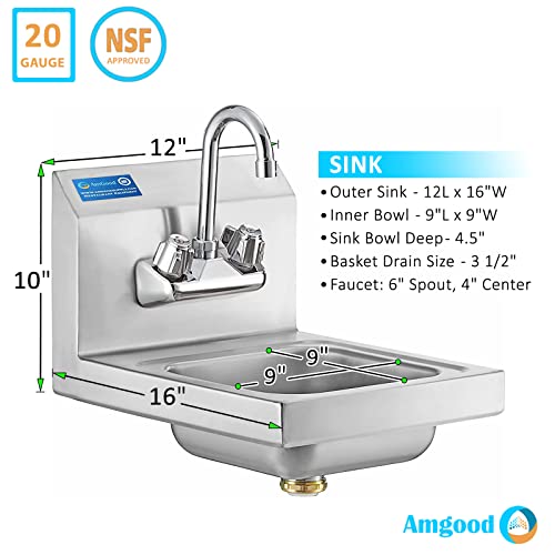 12" x 16" Stainless Steel Hand Sink | Commercial Wall Mount Hand Basin with Gooseneck Faucet, Strainer, Back Splash | NSF Certified | Perfect for Restaurants, Bars, Stores, Kitchen and More