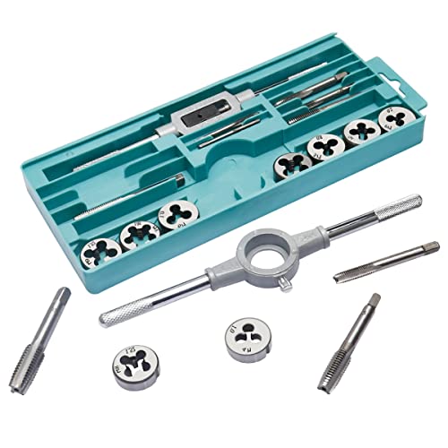 20 PCS Tap and Die Set - Metric Size M3, M4, M5, M6, M7, M8, M9, M10, M12 Tap Set and Die Set Threads Tapping Threading Tool Kit with Wrench Handle, Storage Box