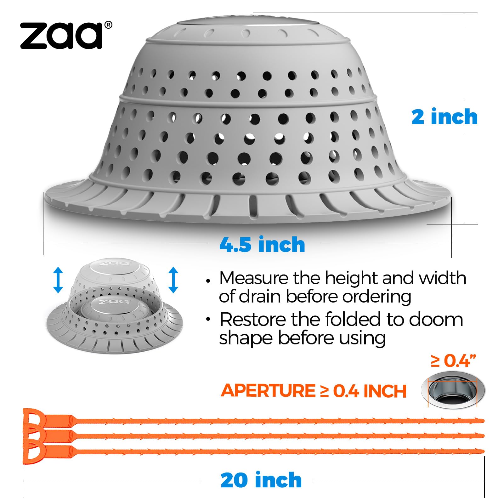 zaa 5 Pcs Bathtub & Shower Drain Hair Catcher, 2 Pack Silicone Collapsible Drain Protector, Drain Cover and 3 Snake Drain Clog Remover, for Pop-Up and Regular Drains of Tub, Shower, Bathroom