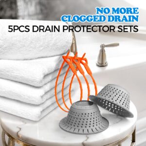 zaa 5 Pcs Bathtub & Shower Drain Hair Catcher, 2 Pack Silicone Collapsible Drain Protector, Drain Cover and 3 Snake Drain Clog Remover, for Pop-Up and Regular Drains of Tub, Shower, Bathroom