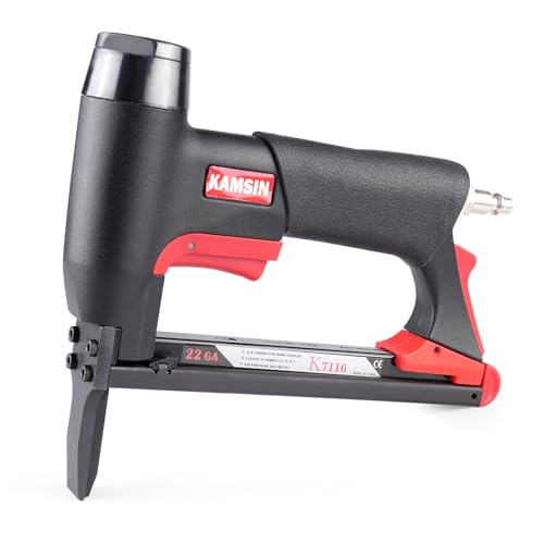 KAMSIN #7116L 22 Gauge Pneumatic Upholstery Stapler, 71 Series 3/8-Inch Crown Long Nose Air Power Fine Wire Staple Gun, 1/4-Inch to 5/8-Inch Leg Length Furniture Stapler for Fabric, Upholstering