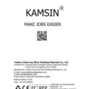 KAMSIN #7116L 22 Gauge Pneumatic Upholstery Stapler, 71 Series 3/8-Inch Crown Long Nose Air Power Fine Wire Staple Gun, 1/4-Inch to 5/8-Inch Leg Length Furniture Stapler for Fabric, Upholstering