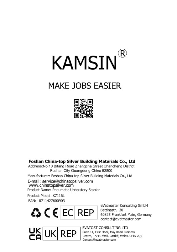 KAMSIN #7116L 22 Gauge Pneumatic Upholstery Stapler, 71 Series 3/8-Inch Crown Long Nose Air Power Fine Wire Staple Gun, 1/4-Inch to 5/8-Inch Leg Length Furniture Stapler for Fabric, Upholstering